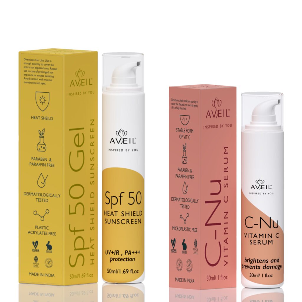 Aveil C-Nu Vitamin C Serum & Aveil Heat Shield SPF 50 Gel Sunscreen ...